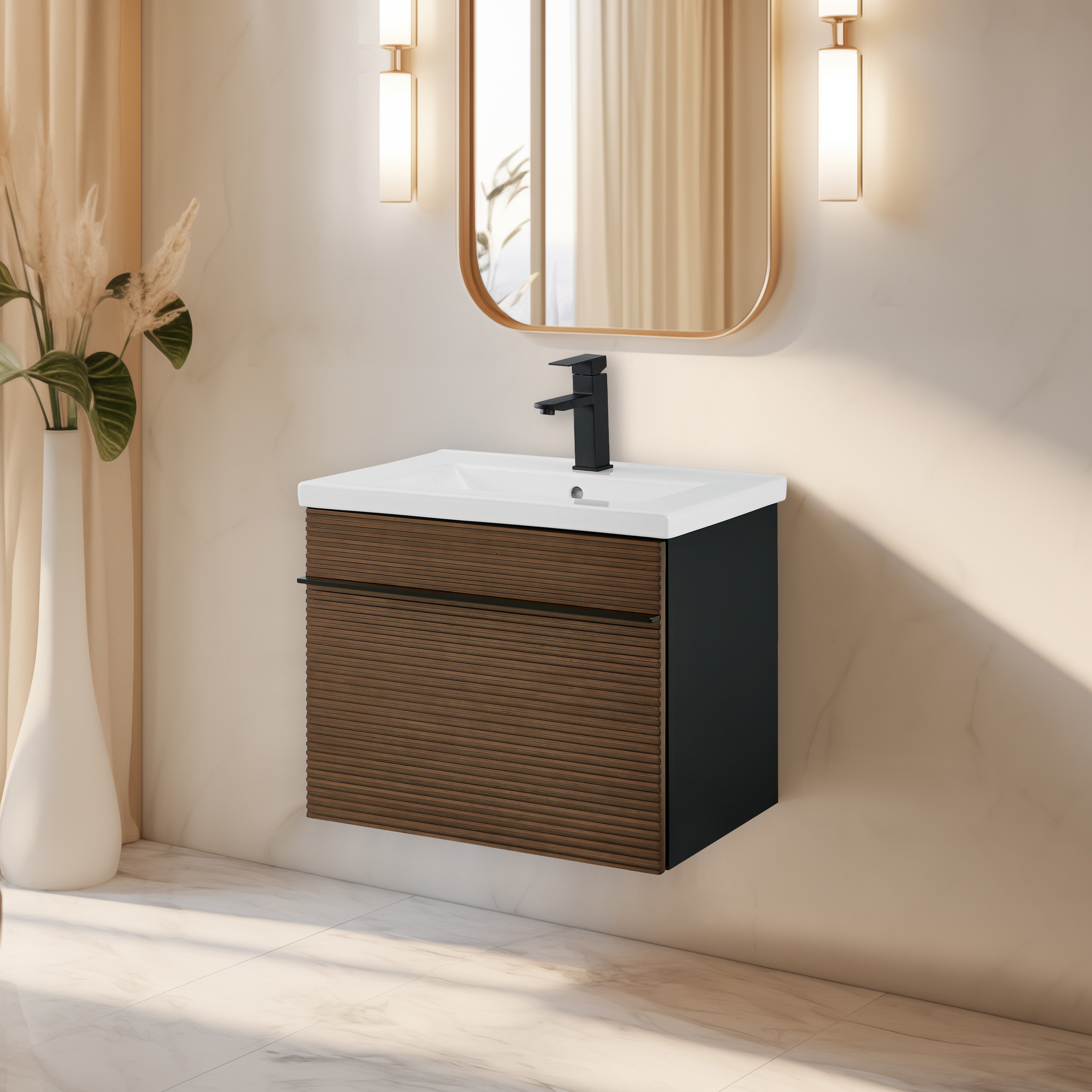 Ebern Designs Barham 24" Floating & Wall-Mounted Single Bathroom Vanity In Shadow Walnut With ...